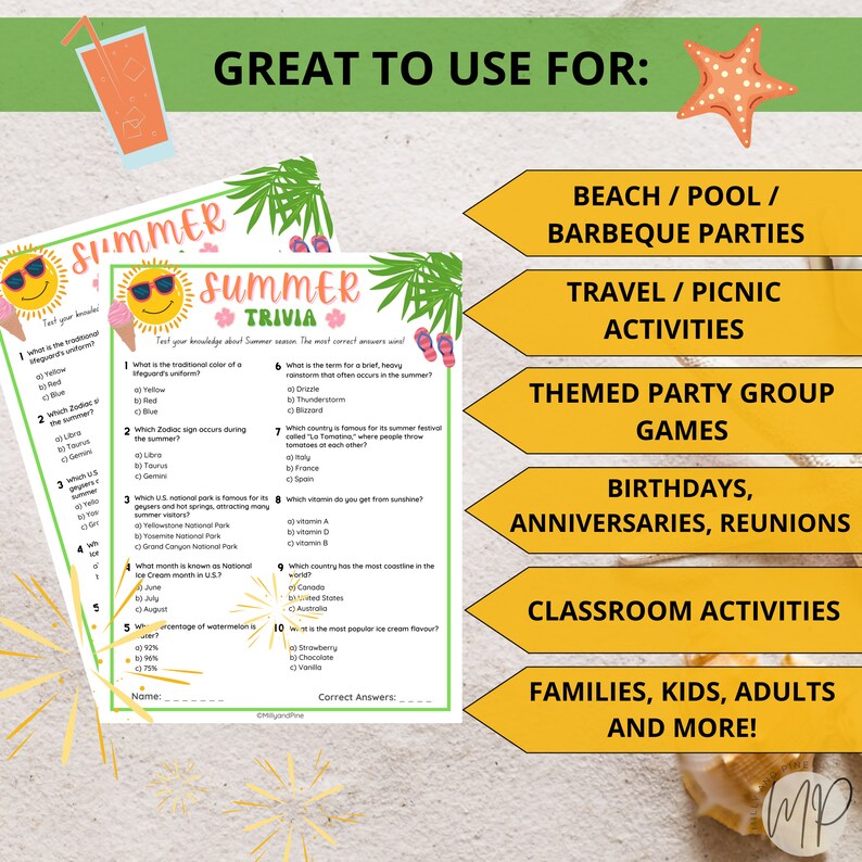 Summer Trivia Quiz Game Family Reunion Games Printable 10th Birthday ...