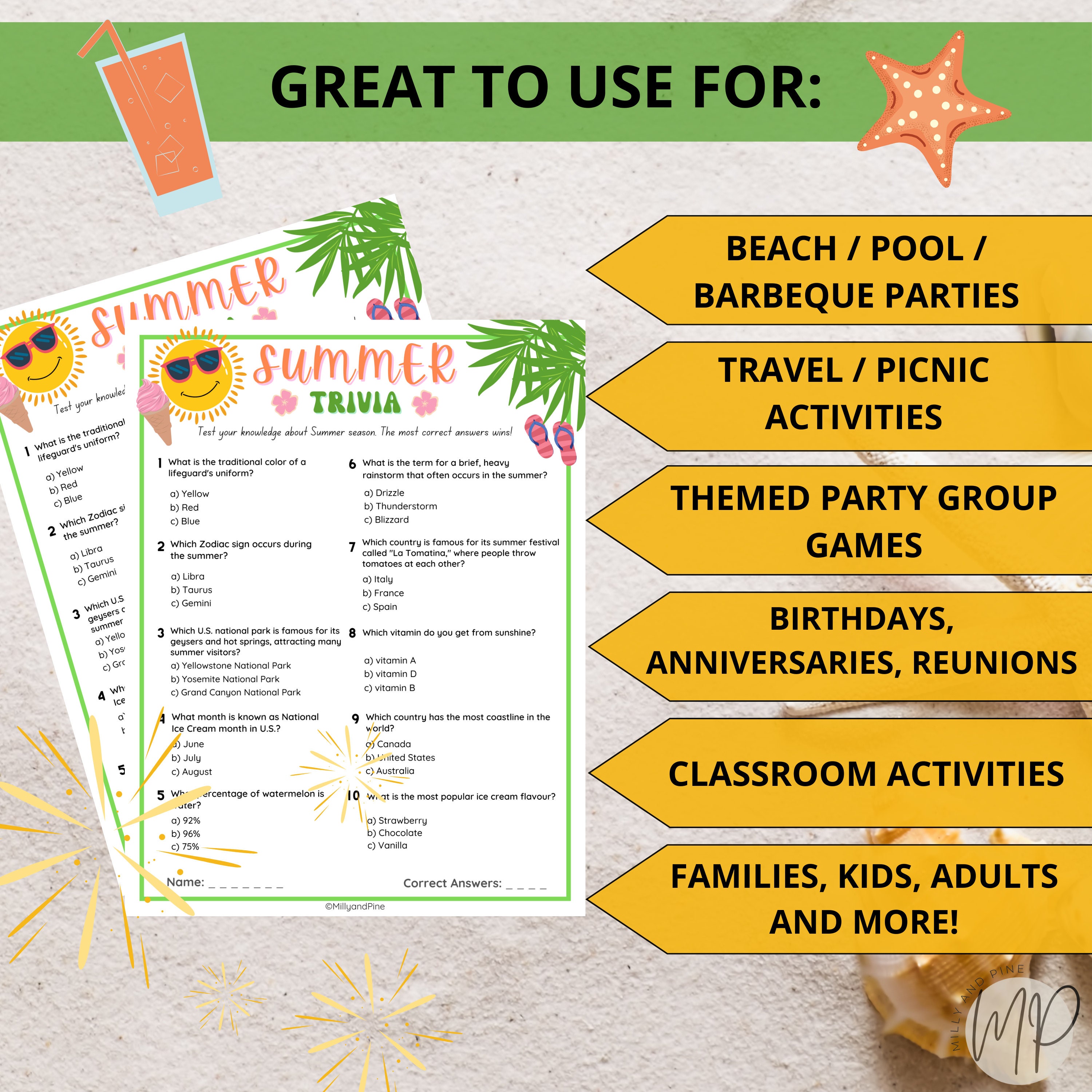 Summer Trivia Quiz Game Family Reunion Games Printable 10th Birthday ...