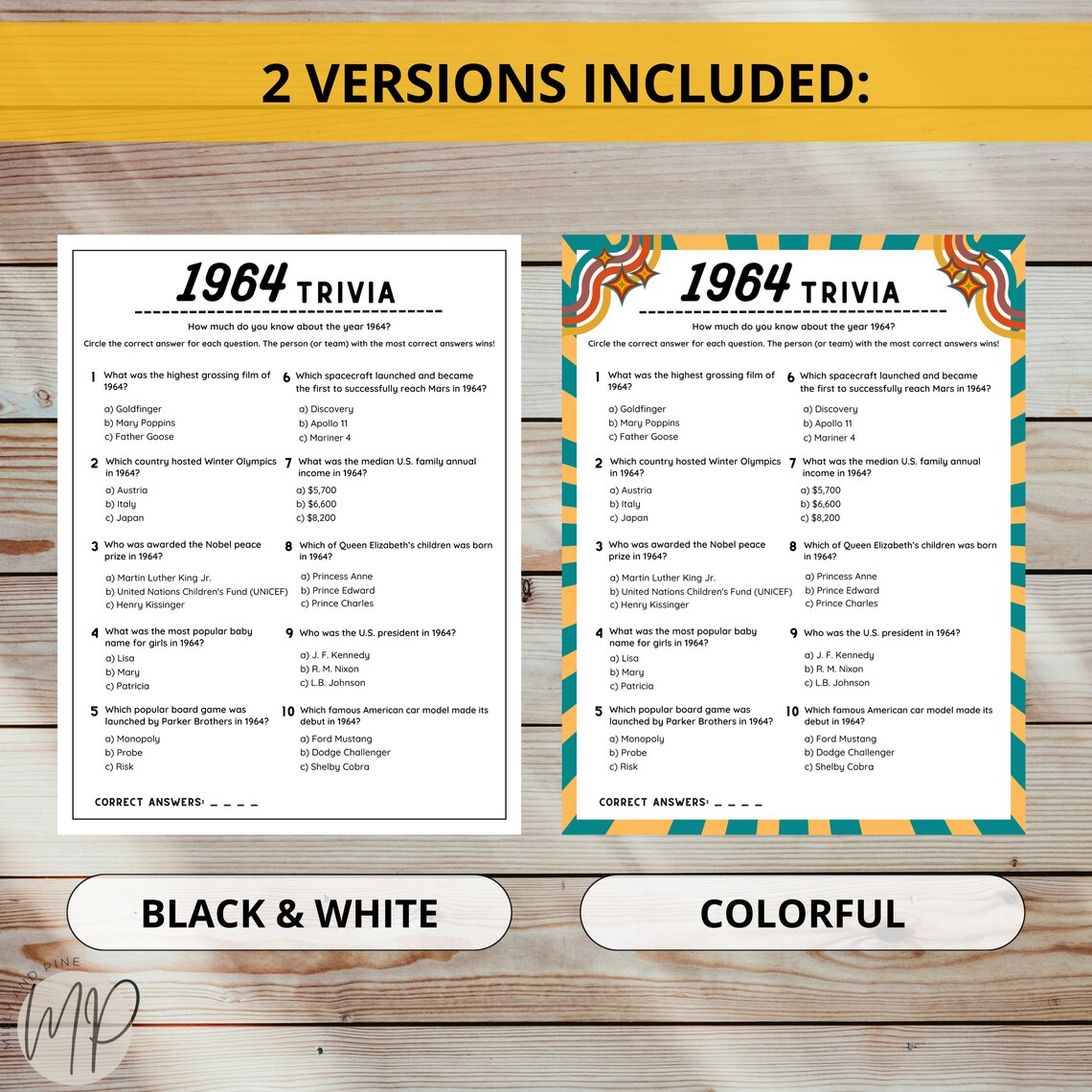 1964 Trivia Game 60th Birthday Born in 1964 Printable Games Adult ...