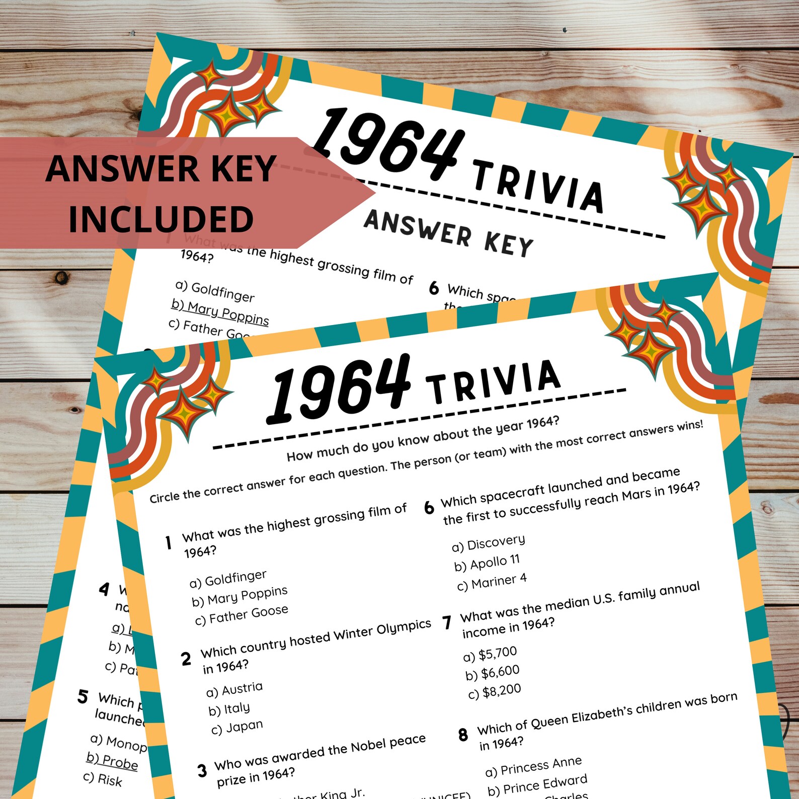 1964 Trivia Game 60th Birthday Born in 1964 Printable Games Adult ...