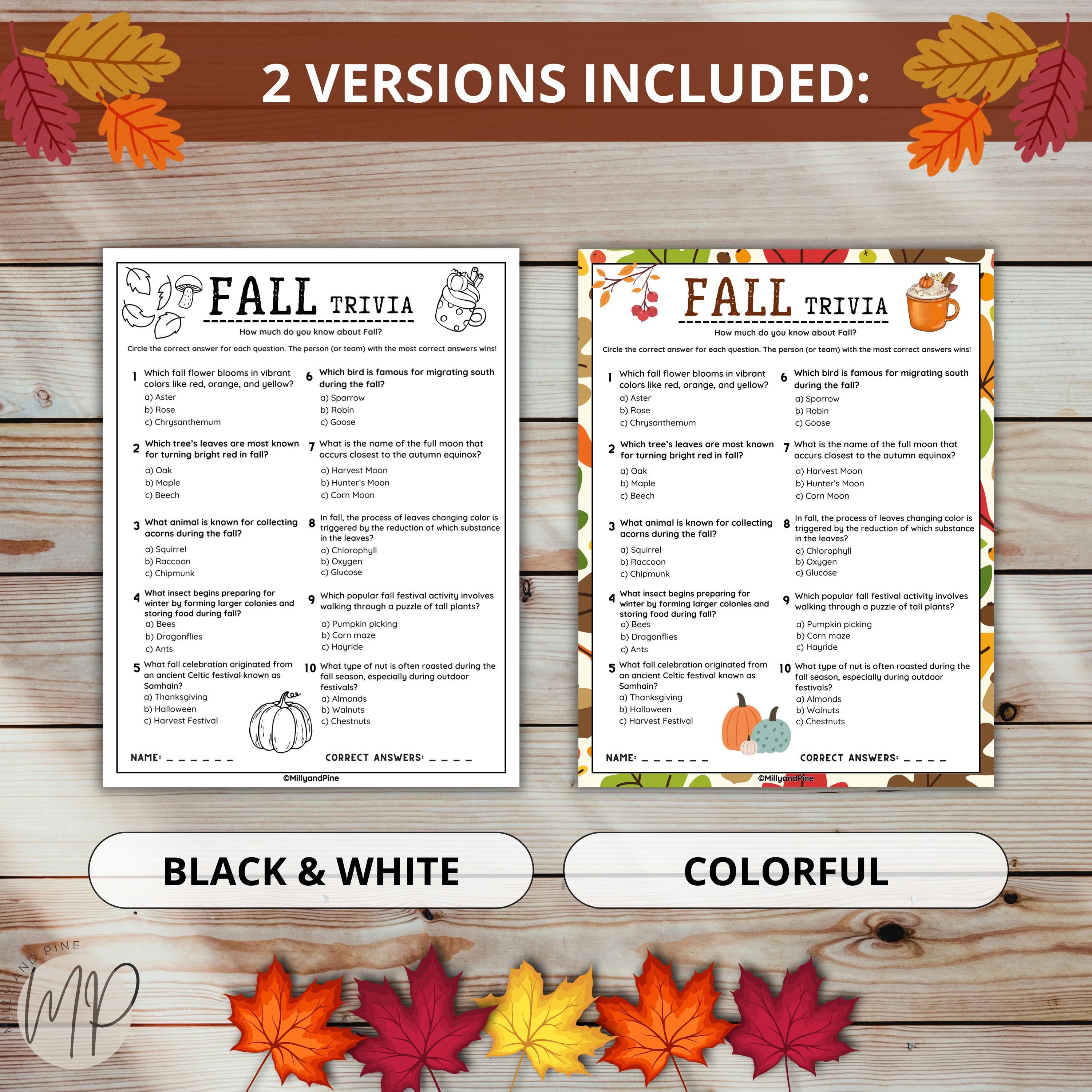 Fall Trivia Game Printable for Family Kids Adults Party Group Games ...