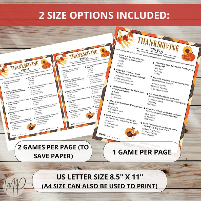 Thanksgiving Trivia Game Printable for Family Adults Kids Friendsgiving ...