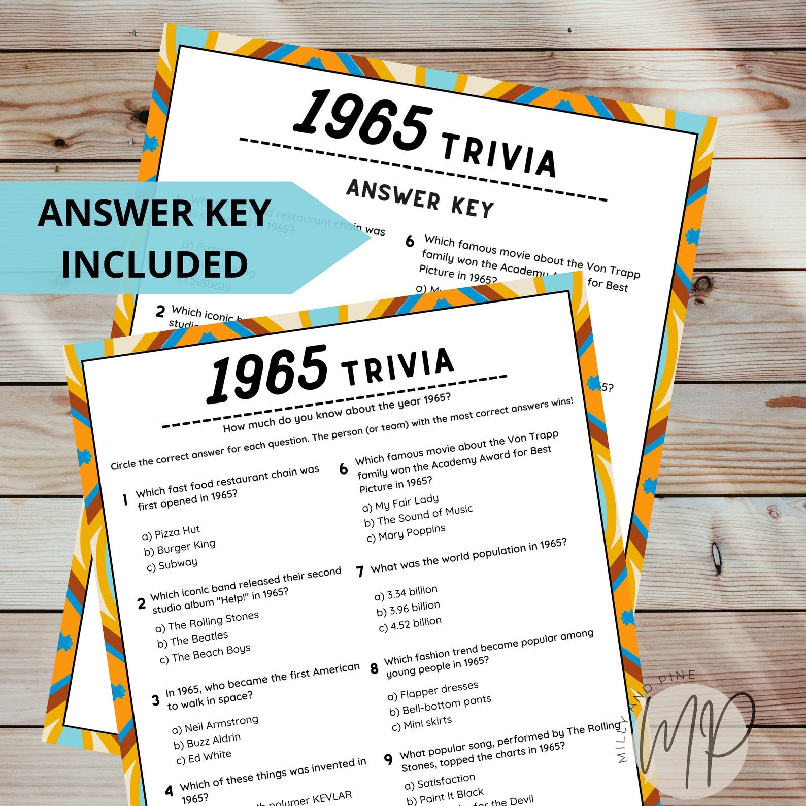 1965 Trivia Game 60th Birthday Born in 1965 Printable Games Adult ...