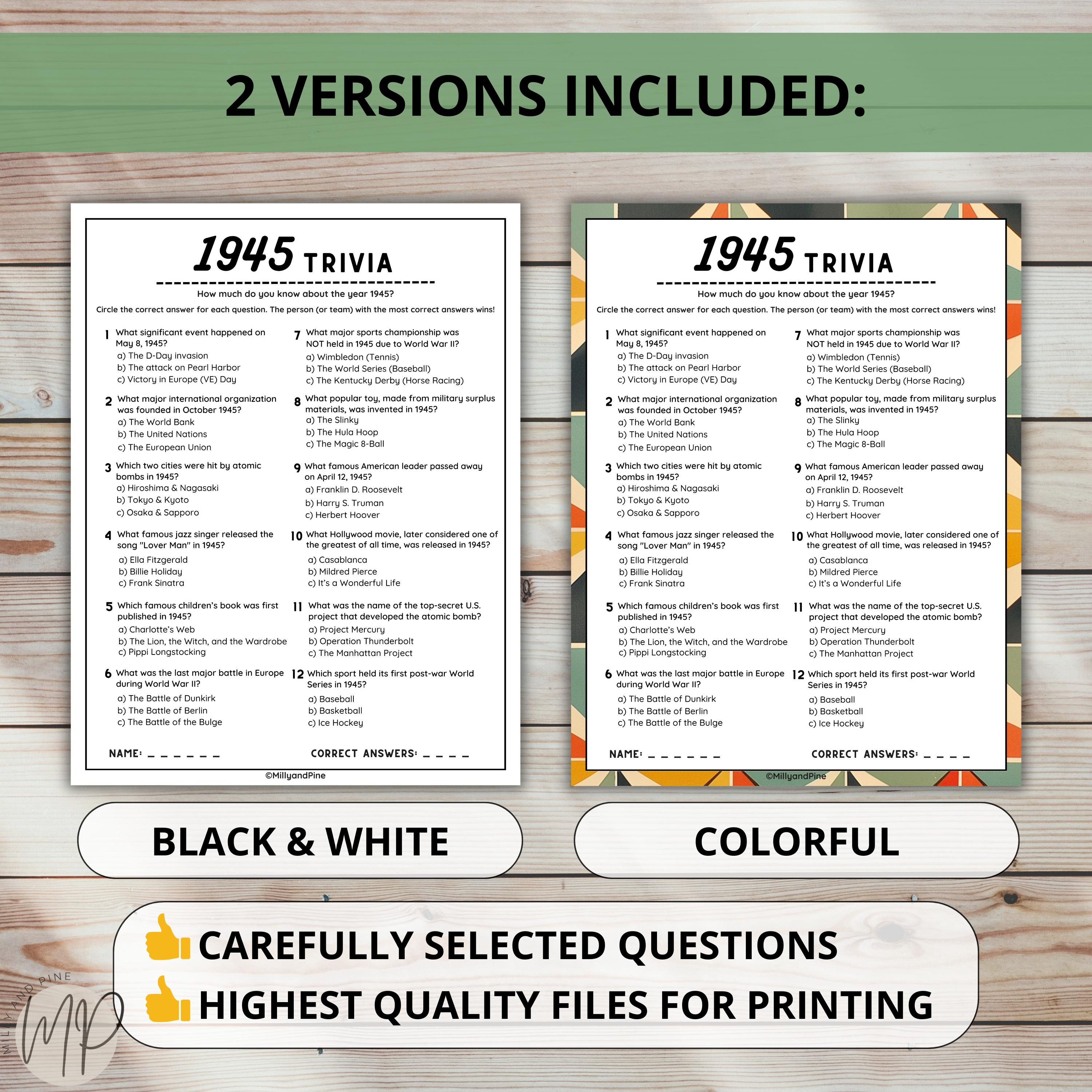 1945 Trivia Game 80th Birthday Born in 1945 Printable Game Adult ...