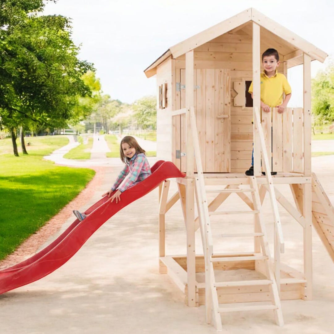 Wooden Kids Playhouse With Slide and Climbing Wall, Outdoor Treehouse ...
