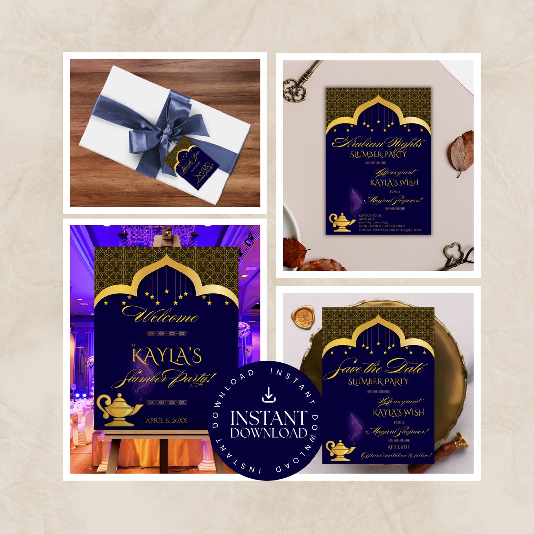 Arabian Nights Slumber Party Invitation Set: Blue & Gold (digital ...