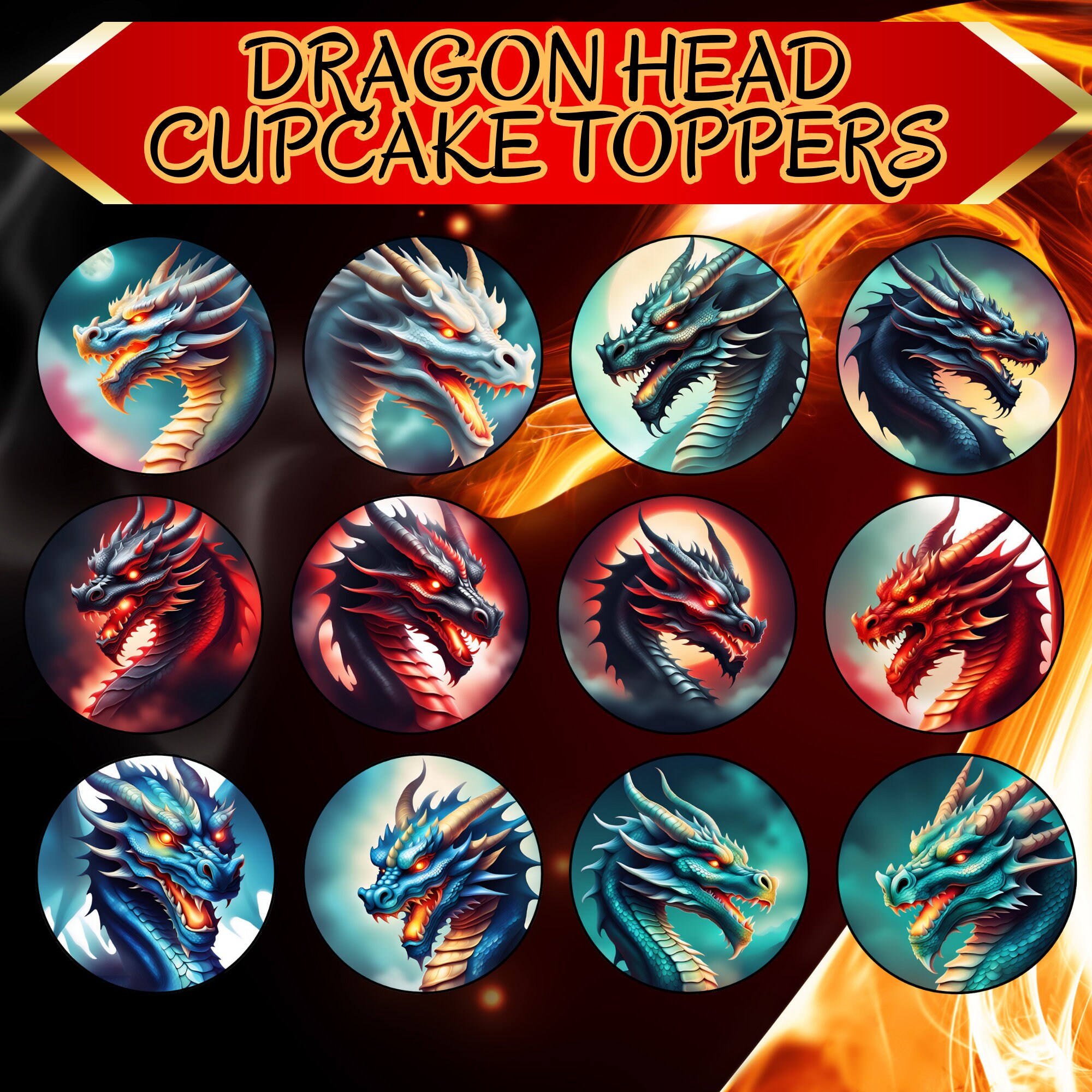 Dragon Head Cupcake Toppers - 30 Pngs, 2 X 2 IN Circles - D&D / Dnd ...