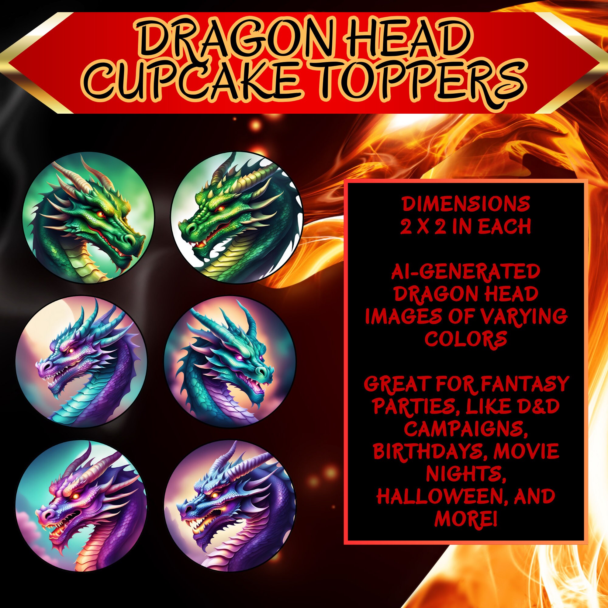 Dragon Head Cupcake Toppers - 30 Pngs, 2 X 2 IN Circles - D&D / Dnd ...