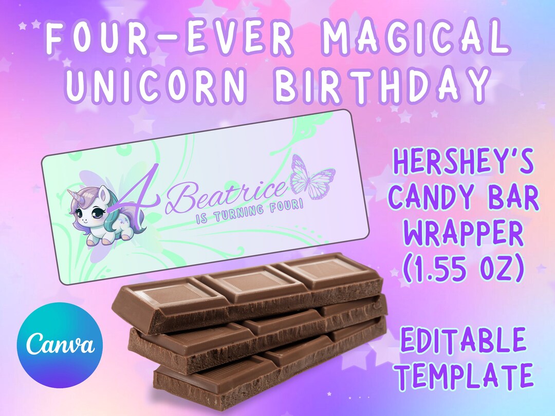 Four-ever Magical Pastel Unicorn Birthday Party Hershey's Candy Bar ...