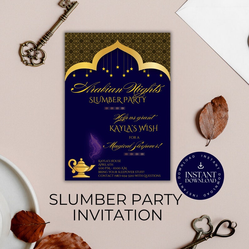 Arabian Nights Slumber Party Invitation: Blue & Gold Canva Template ...