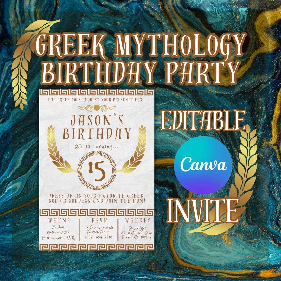 Greek Mythology Birthday Invite, Editable Canva Template, Fifteen Years ...