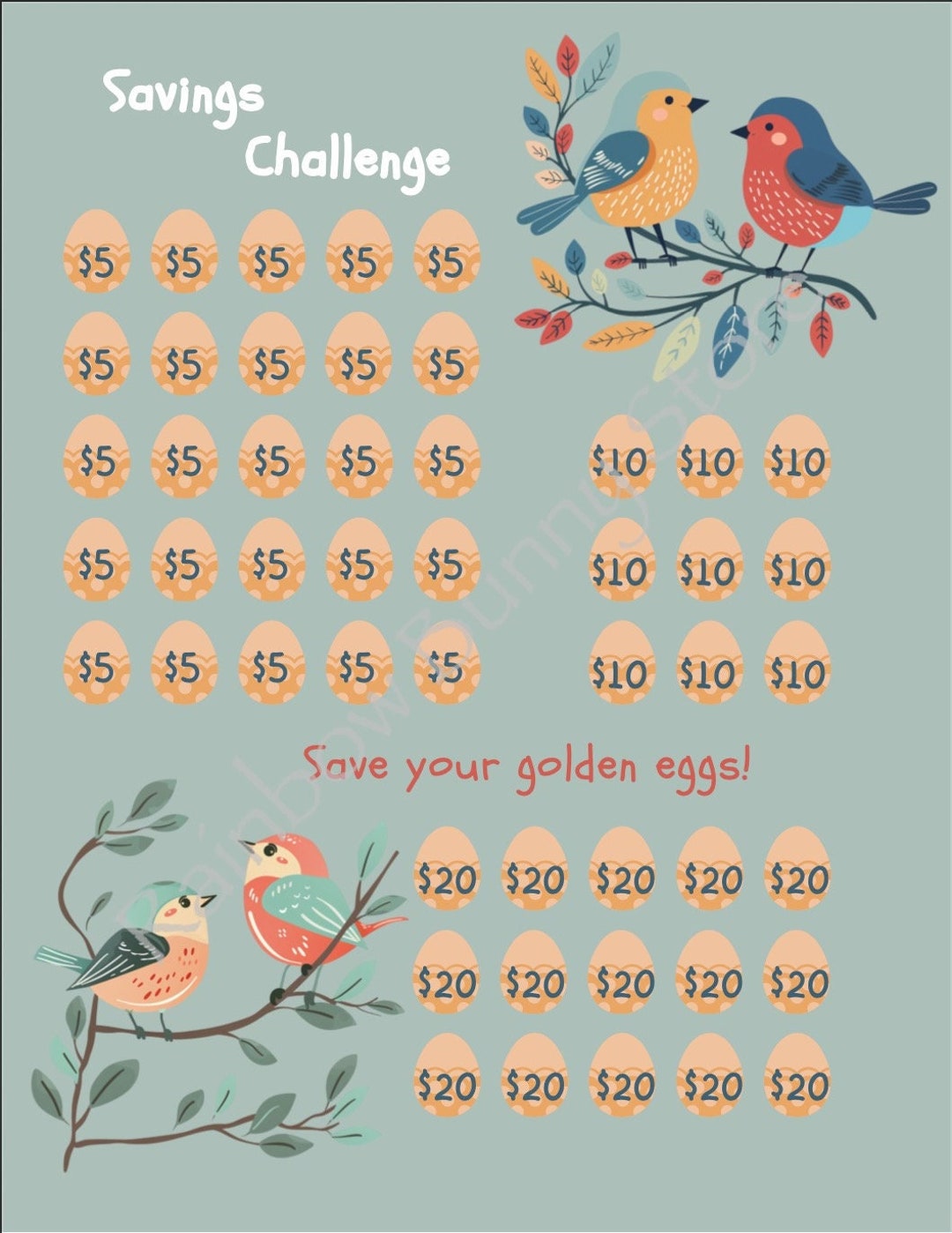 Printable Budget Bird Saving Challenge Paycheck Budget Cash Savings ...