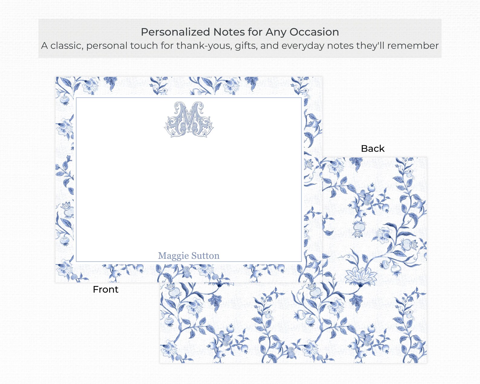 Personalized Blue Chinoiserie Note Cards | Monogrammed Stationery Set ...