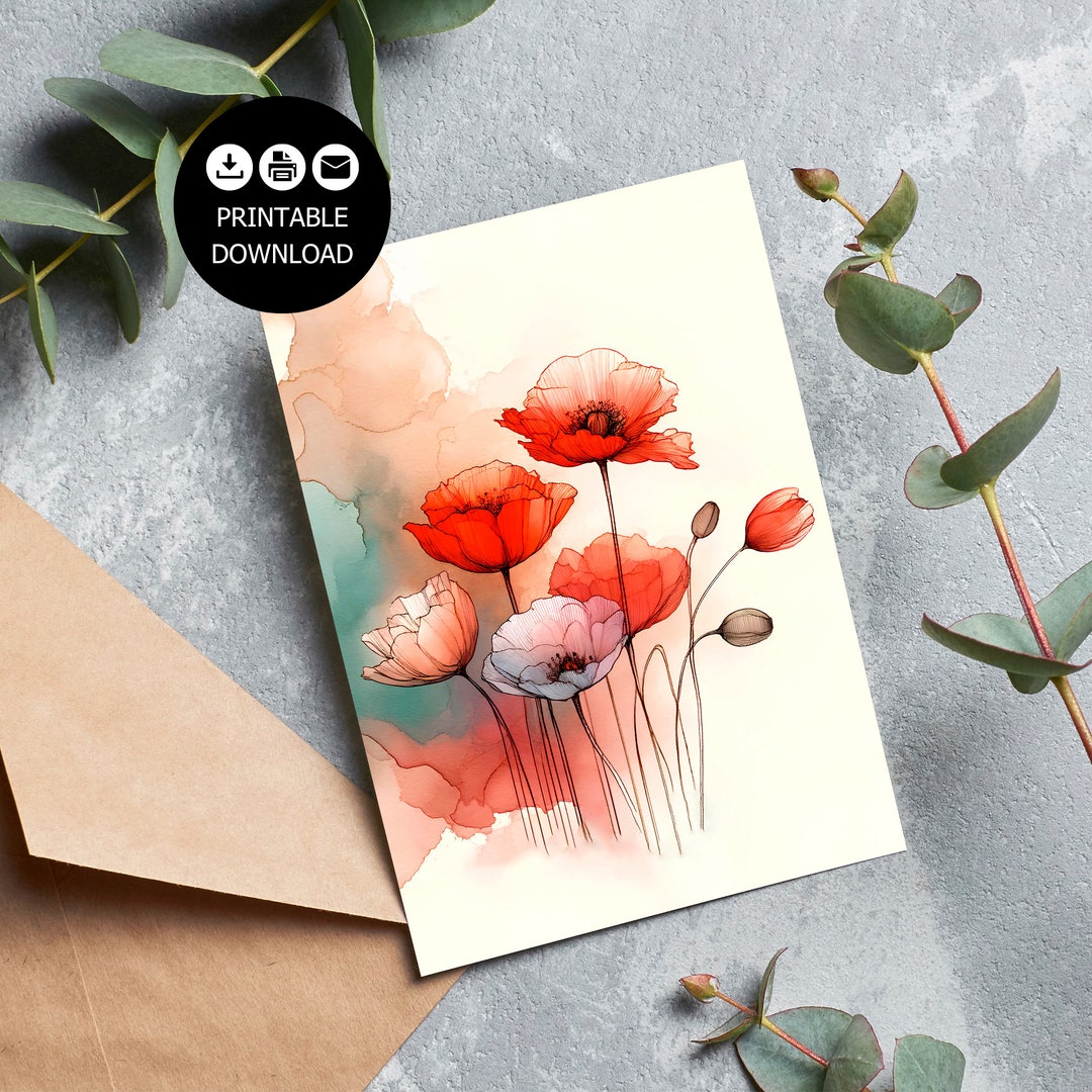 Watercolor Red Poppy Flower Card Printable Flower Card Floral Print ...