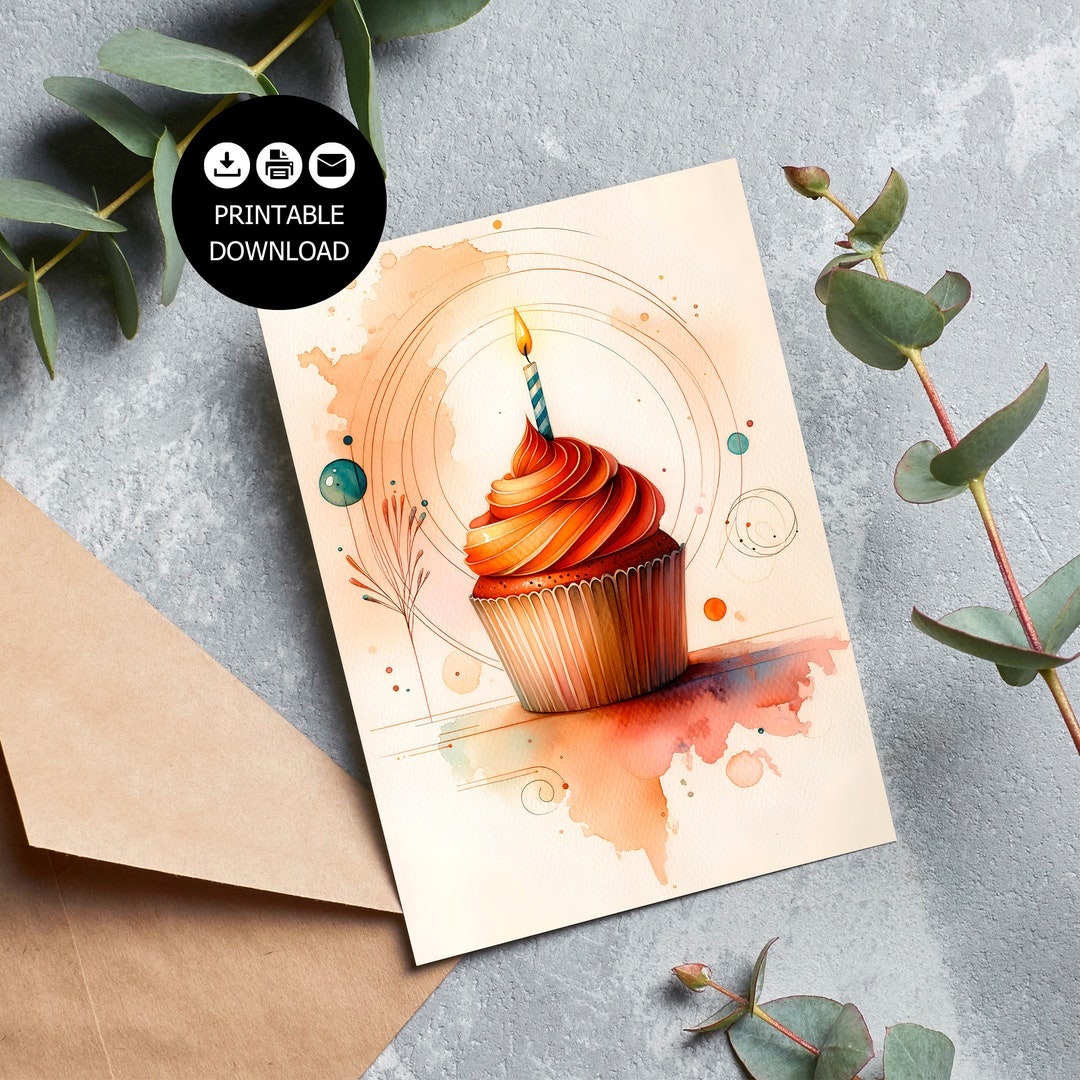 Watercolor Cupcake Birthday Card Printable Cupcake Card Birthday Cake ...