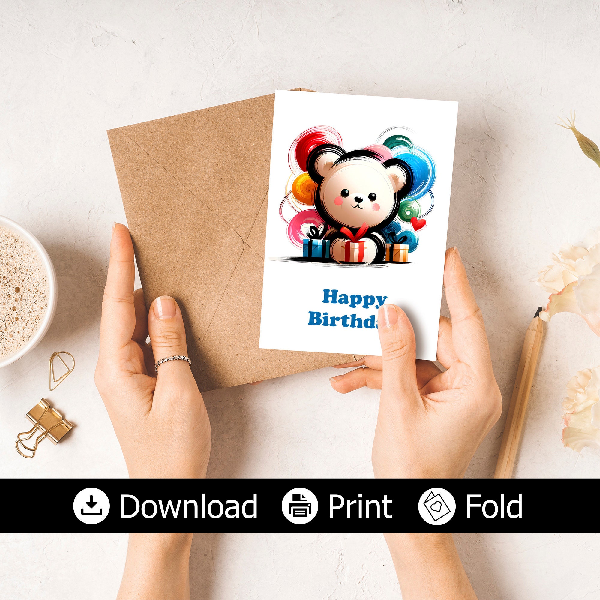 Teddy Birthday Card Printable Kids Birthday Card Cute Animal Birthday ...