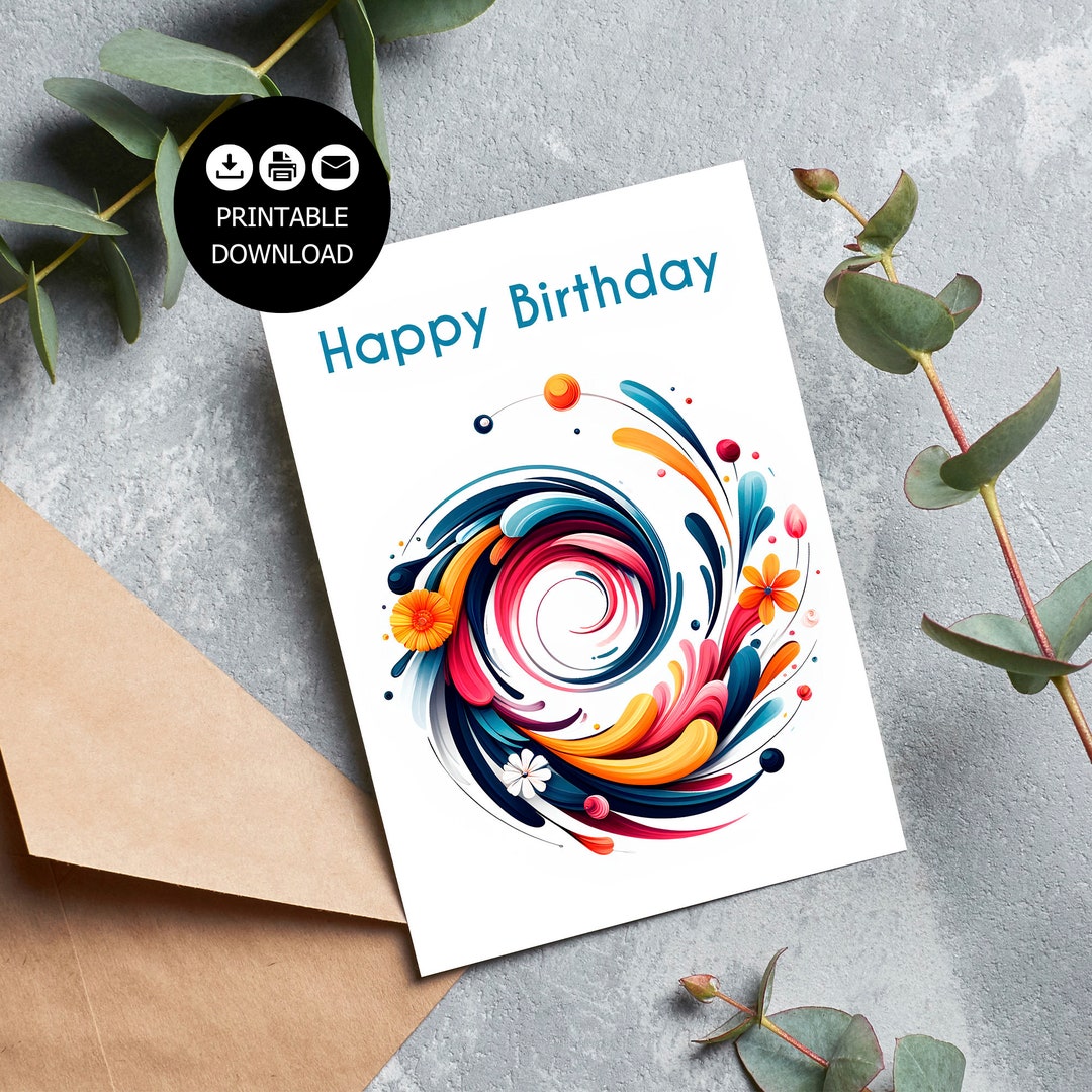 Abstract Happy Birthday Card Printable Flower Birthday Card Swirl Card ...