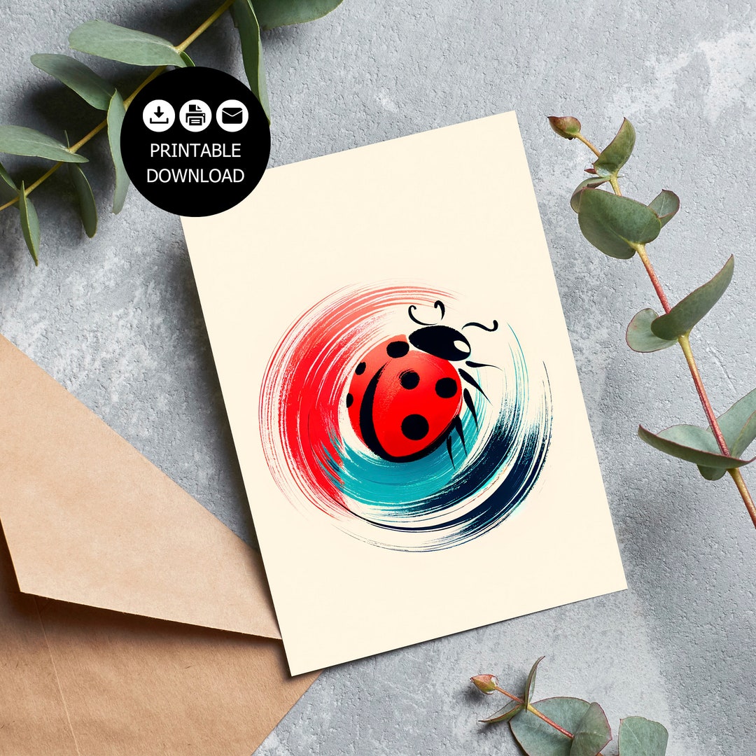 Ladybug Greeting Card Printable Ladybug Painting Good Luck Cards Folded Card Template Instant ...
