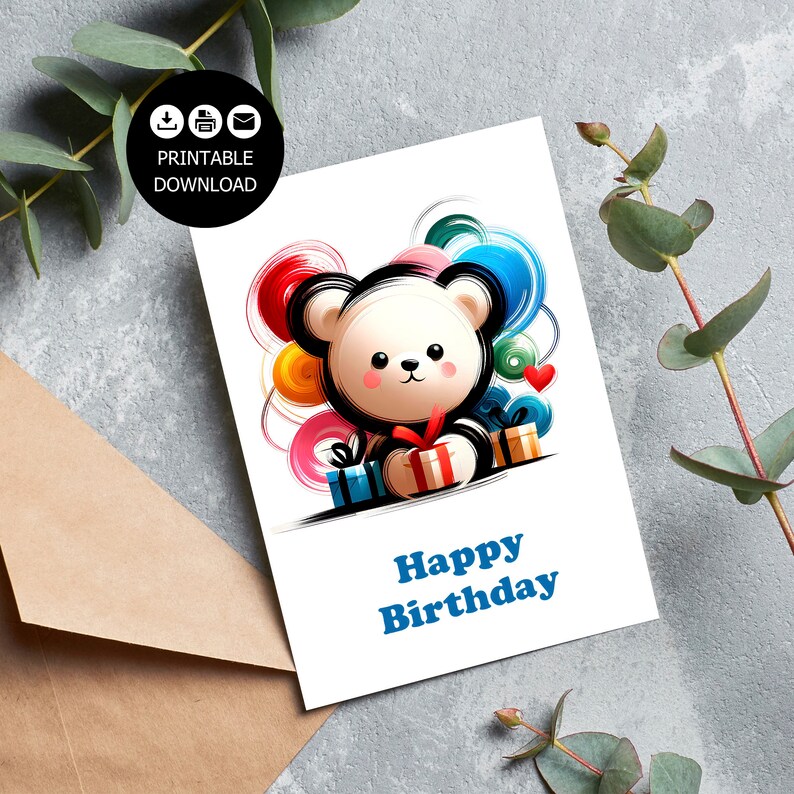 Teddy Birthday Card Printable Kids Birthday Card Cute Animal Birthday ...