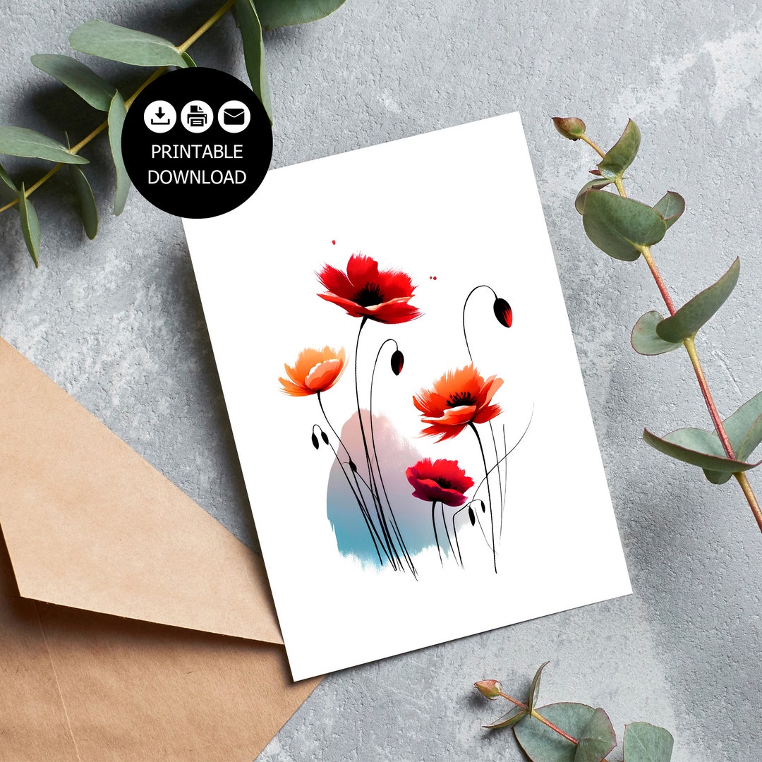 Red Poppy Flower Card Printable Flower Card Floral Print Floral ...