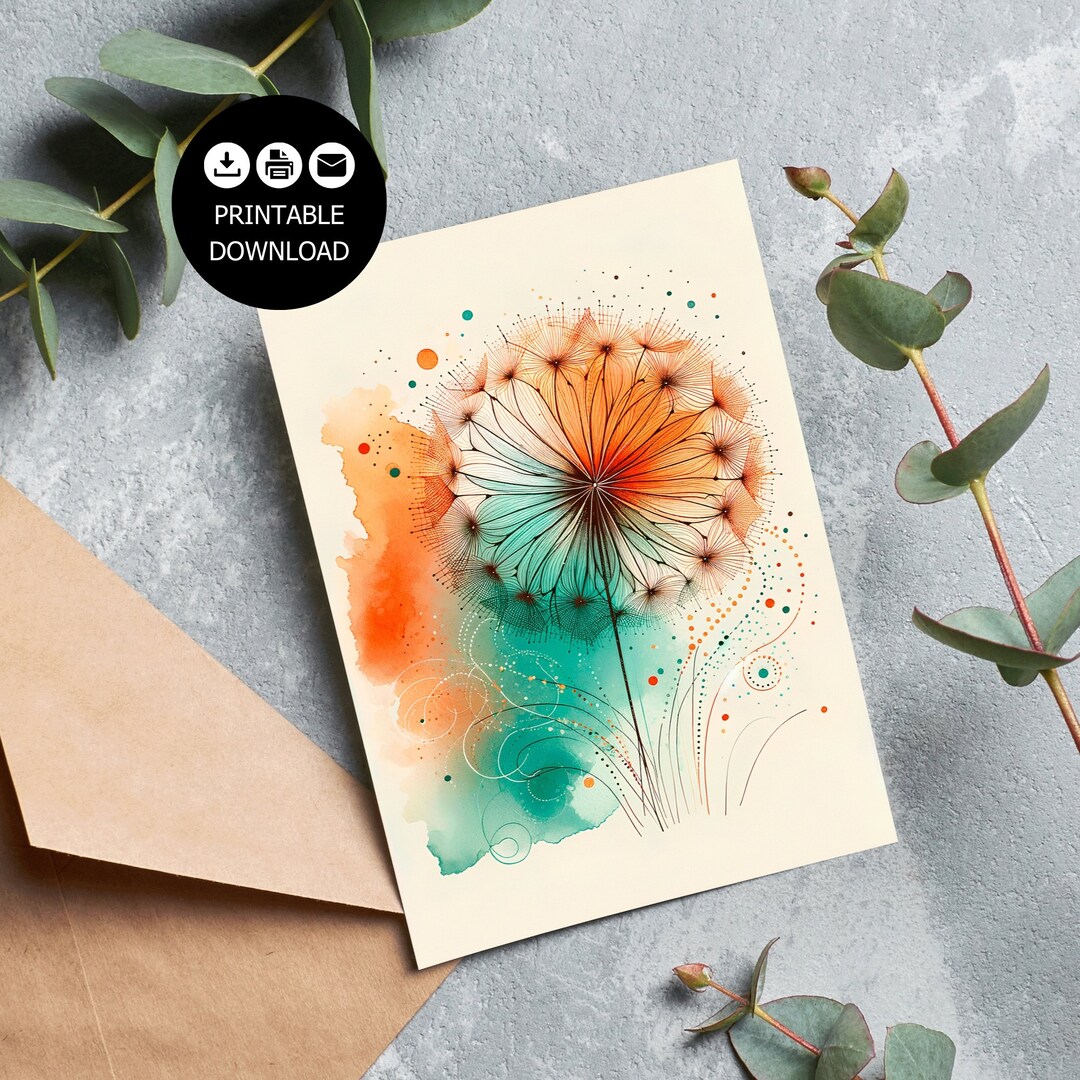 Dandelion Greeting Card Printable Dandelion Print Floral Greeting Card ...
