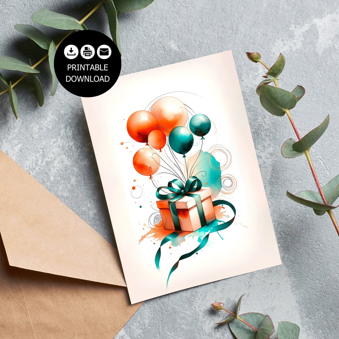 Watercolor Happy Birthday Card Balloons Printable Balloons Greeting ...