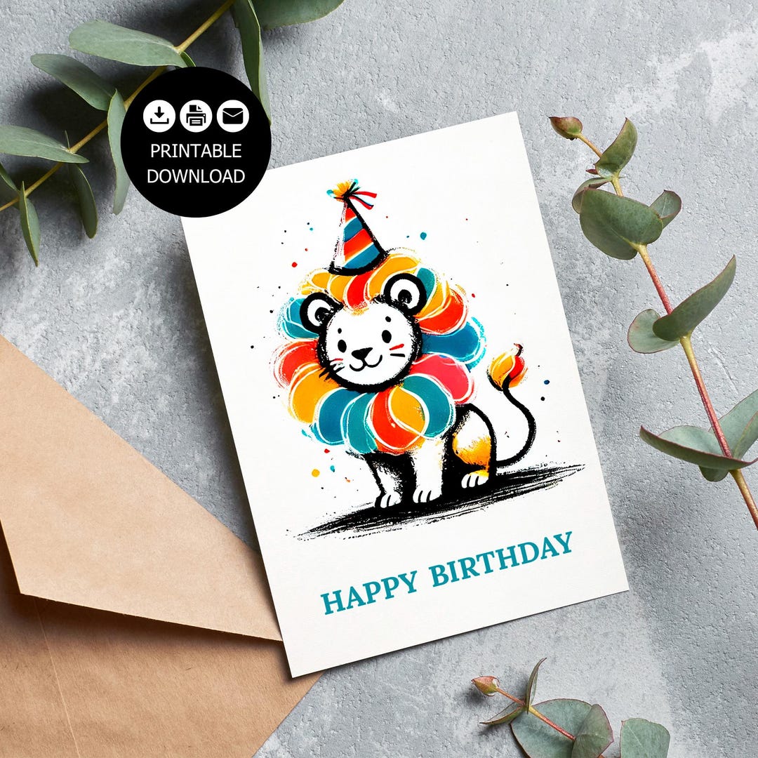 Printable Lion Birthday Card Cute Safari Animal Birthday Card Kids ...