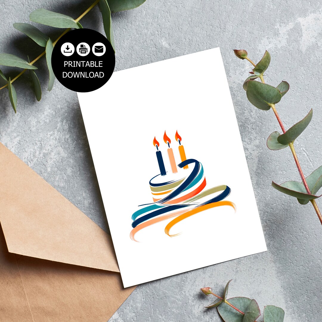 Happy Birthday Cake Card Printable Birthday Greeting Card Brush Stroke ...