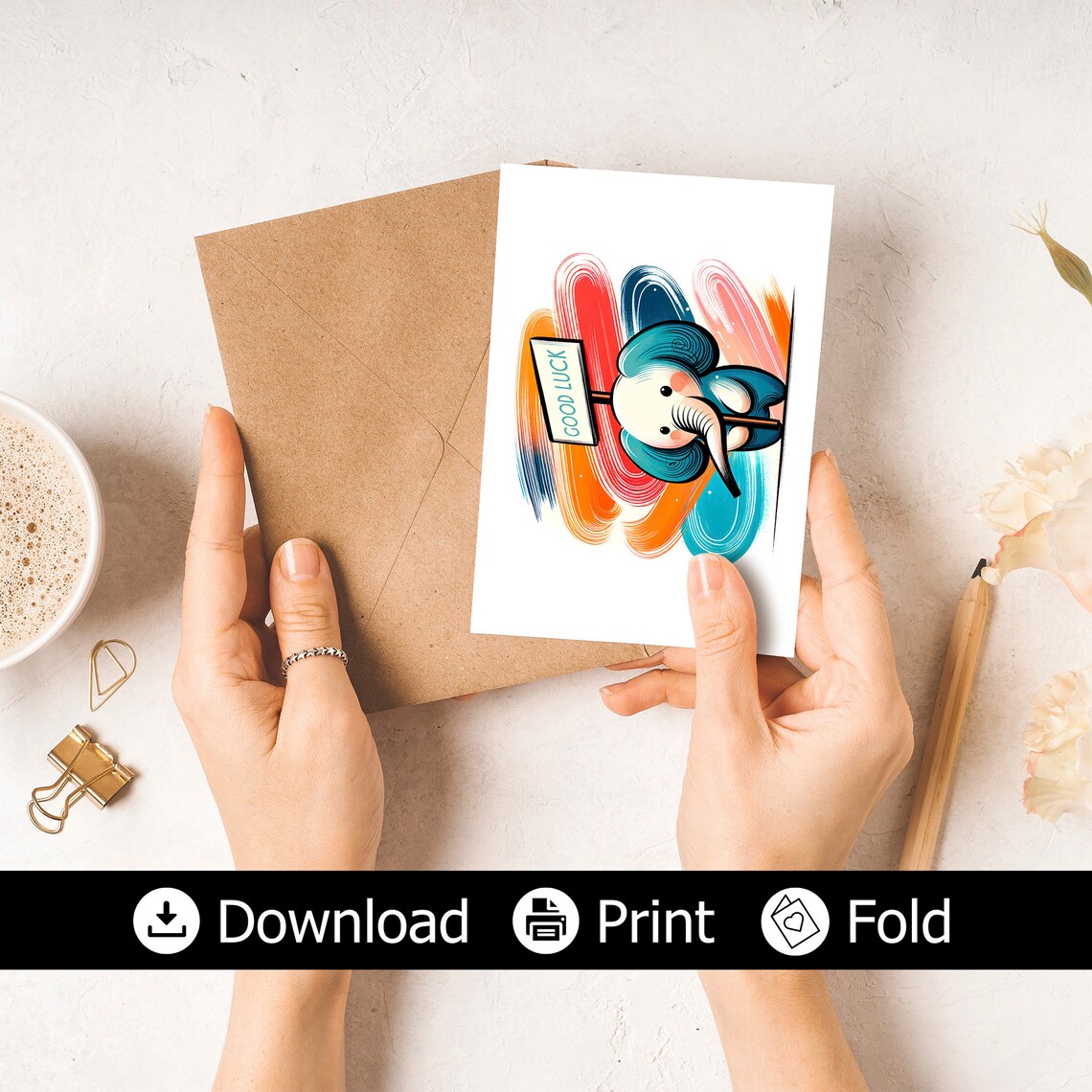 Good Luck Card Printable Greeting Cards Elephant Card Animal Card New ...
