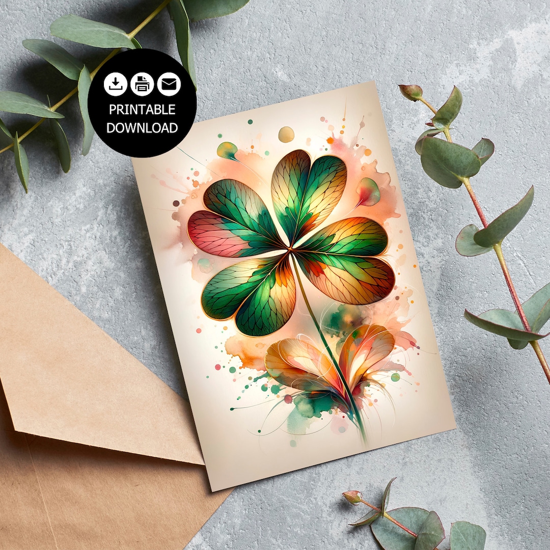 Four Leaf Clover Card Printable Good Luck Card Lucky Clover Card Watercolor Clover Folded Card ...