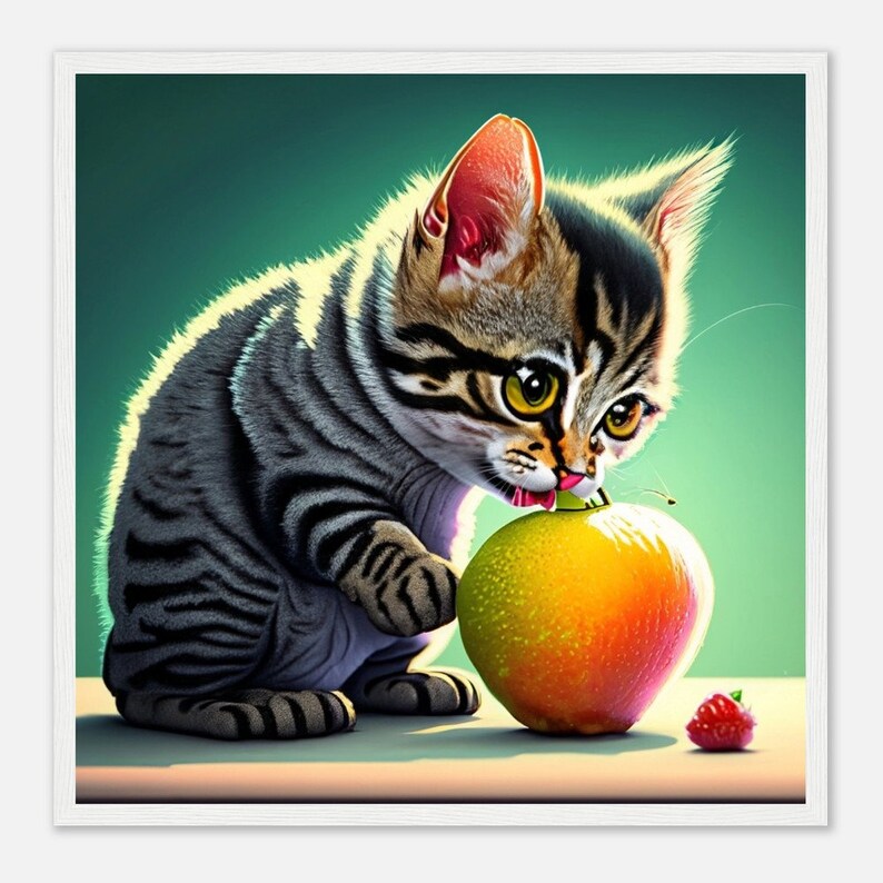 Whimsical Kitten's Fruit Adventure Colorful Cat Art Print Premium Matte ...