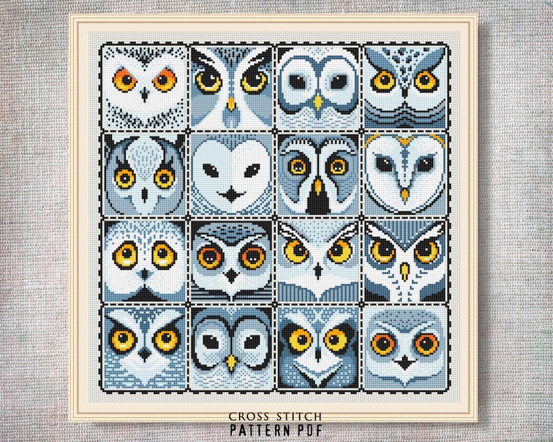 Owls Cross Stitch Pattern PDF Owl Faces Blue Sampler Owls Patchwork ...