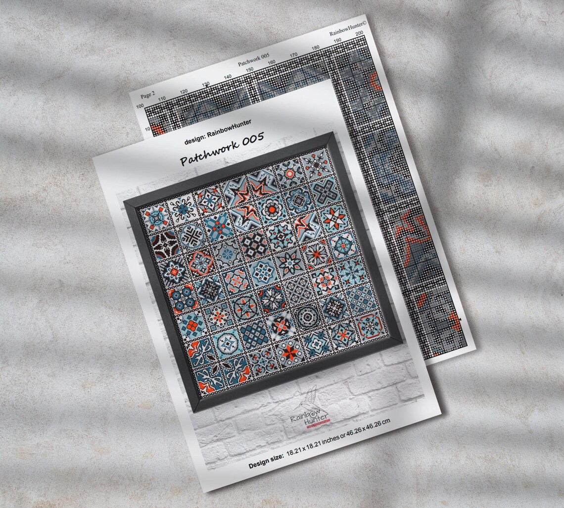 Cross Stitch Pattern Red Sampler Quaker Ornament Folk Art Squares Tiled Patchwork Counted Cross ...