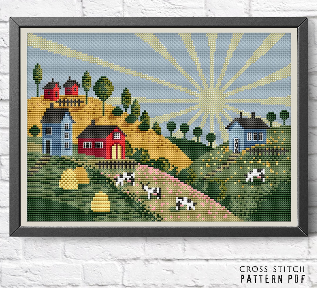 Village Cross Stitch Pattern PDF Houses Summer Seasons Farmhouse Cow ...