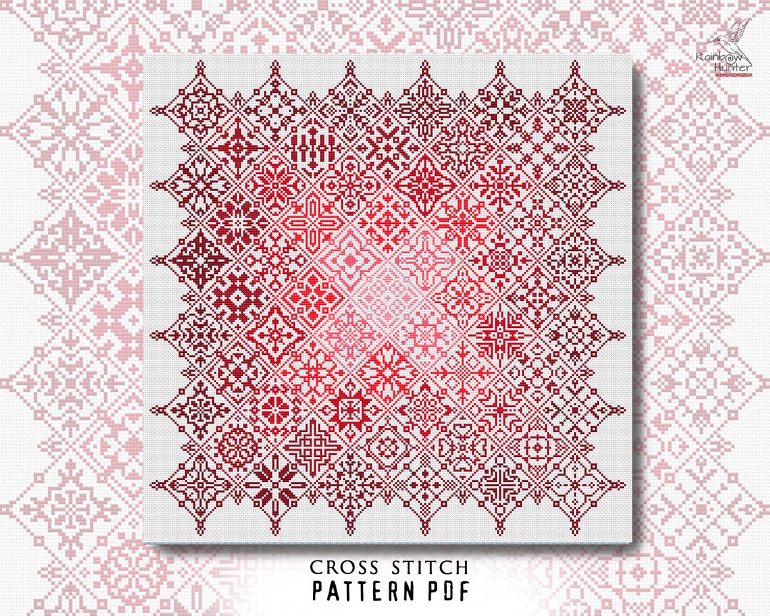 Cross Stitch Pattern Iridescent Red Squares Tile Folk Art Quaker ...