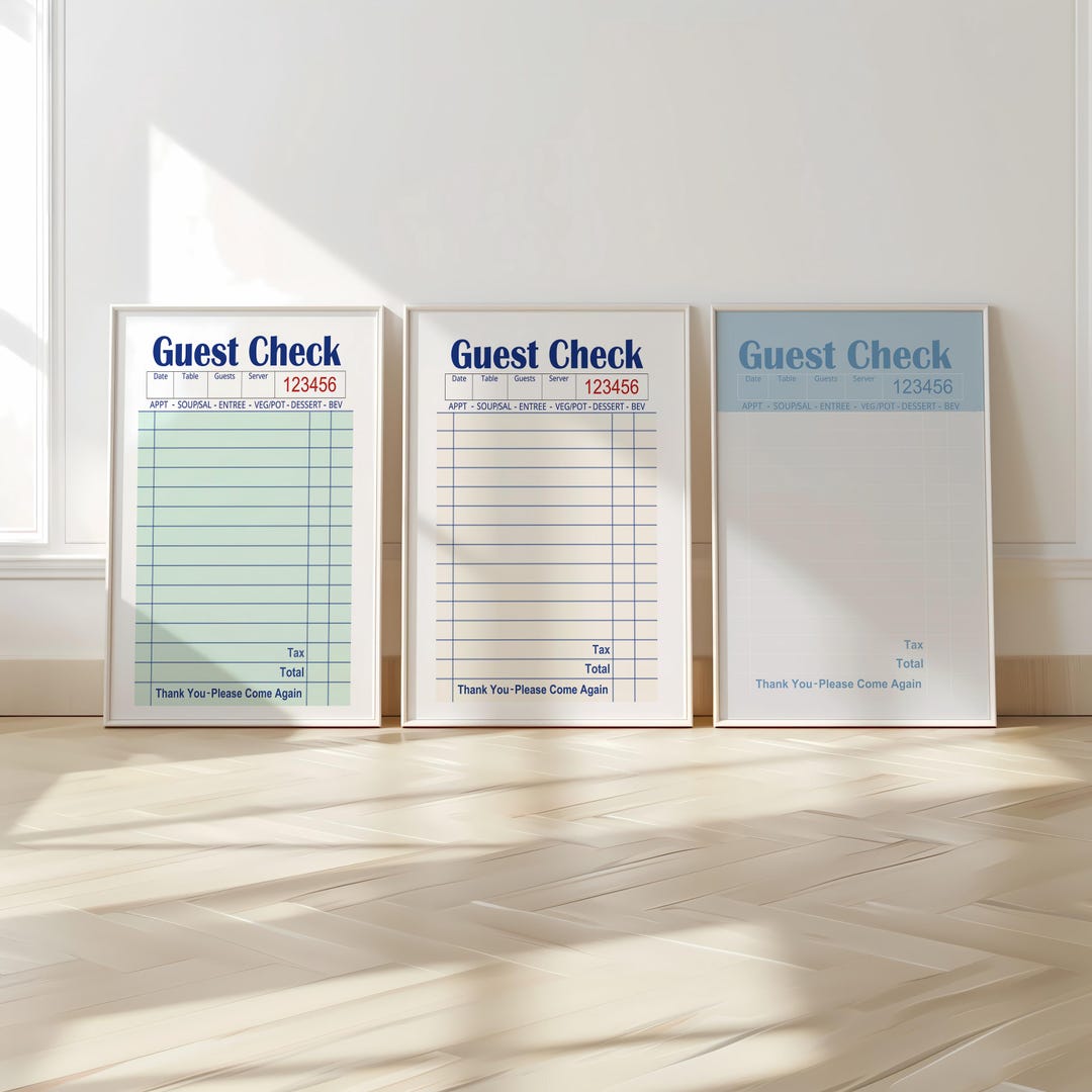 Guest Check Poster, Set of 3 Guest Check Print, Kitchen Art, Printable ...
