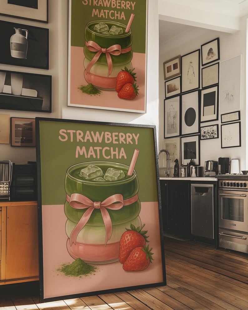 Strawberry Matcha Print, Matcha Latte Art Print, Matcha Latte Poster ...