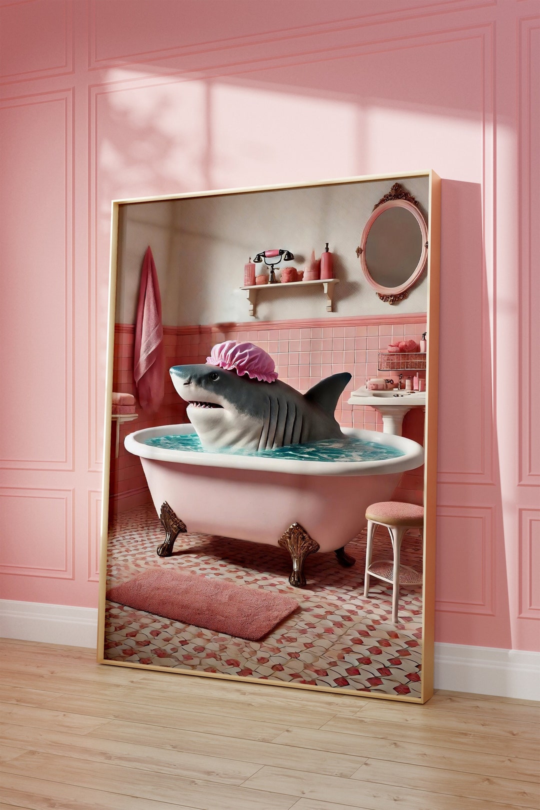 Great White Shark Art, Shark in Pink Tub, Pink Bathroom Art Print ...