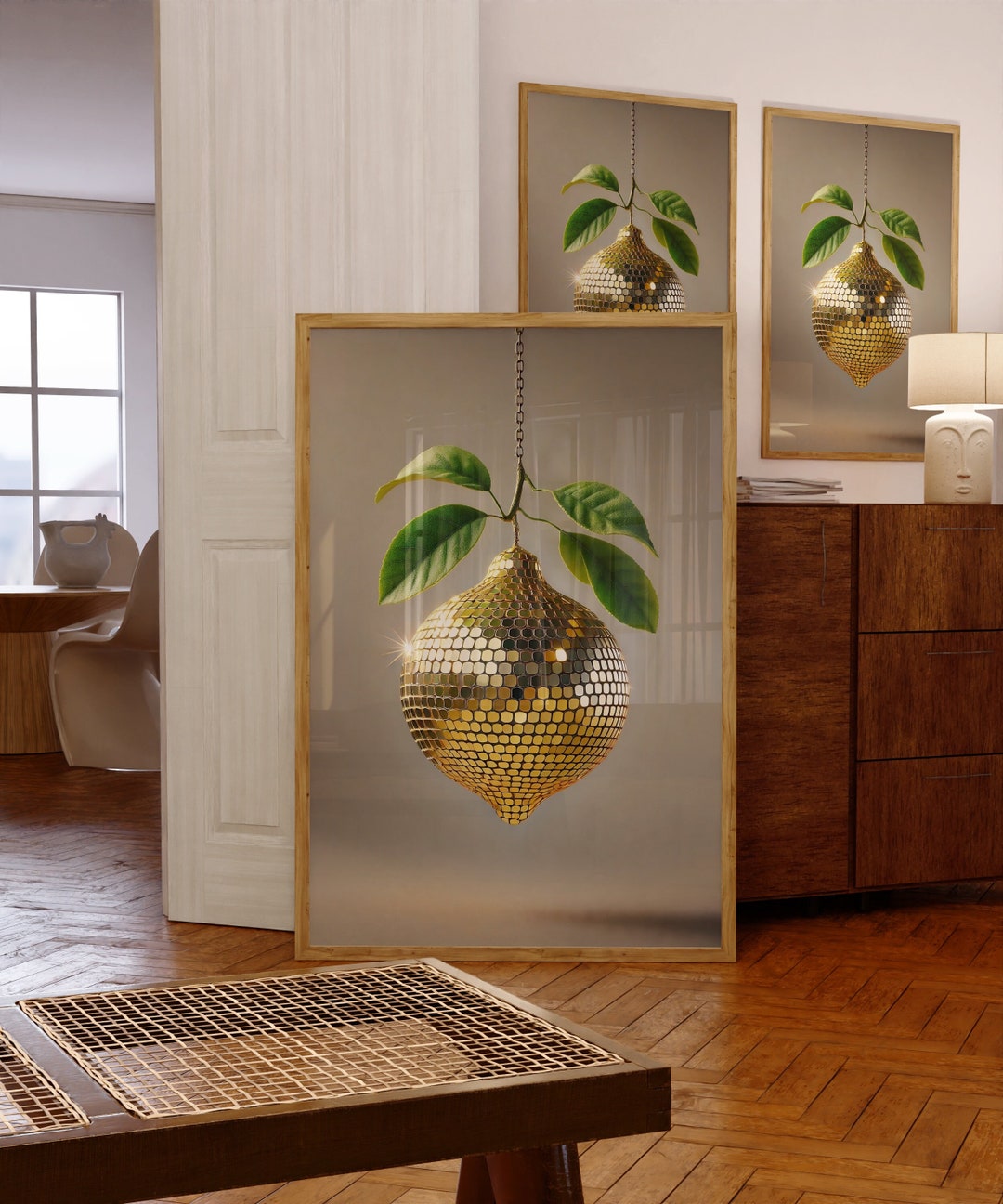 Retro Lemon Disco Mirror Ball Print, Mirror Ball Bar Cart Poster ...