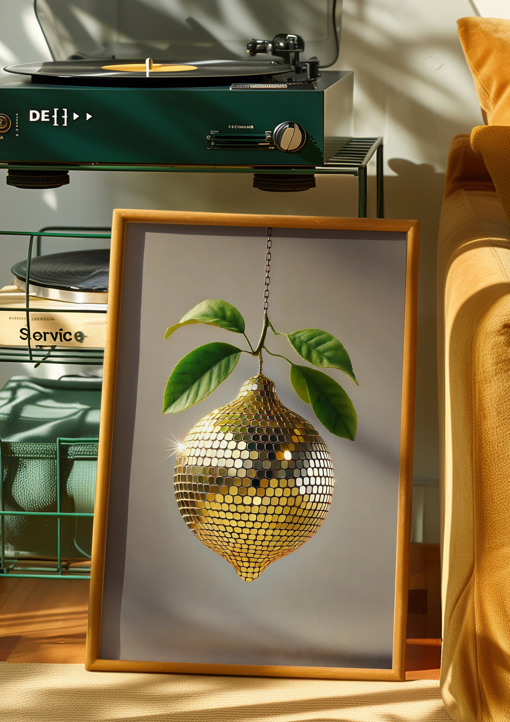 Retro Lemon Disco Mirror Ball Print, Mirror Ball Bar Cart Poster ...