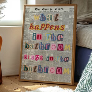 Trendy Preppy Bathroom Wall Decor, Retro Newspaper Print, Colorful Wall ...