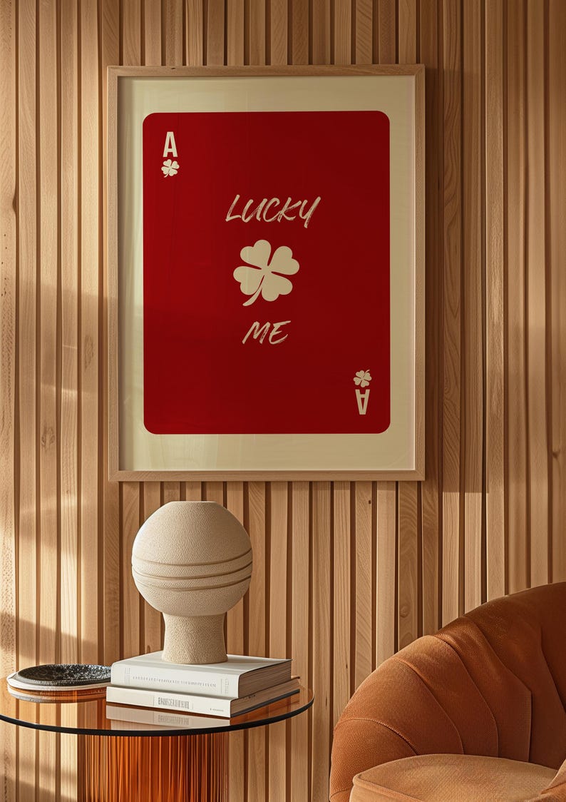 Lucky Me Print, Playing Card Retro Print, Trendy Love Wall Art, Red ...
