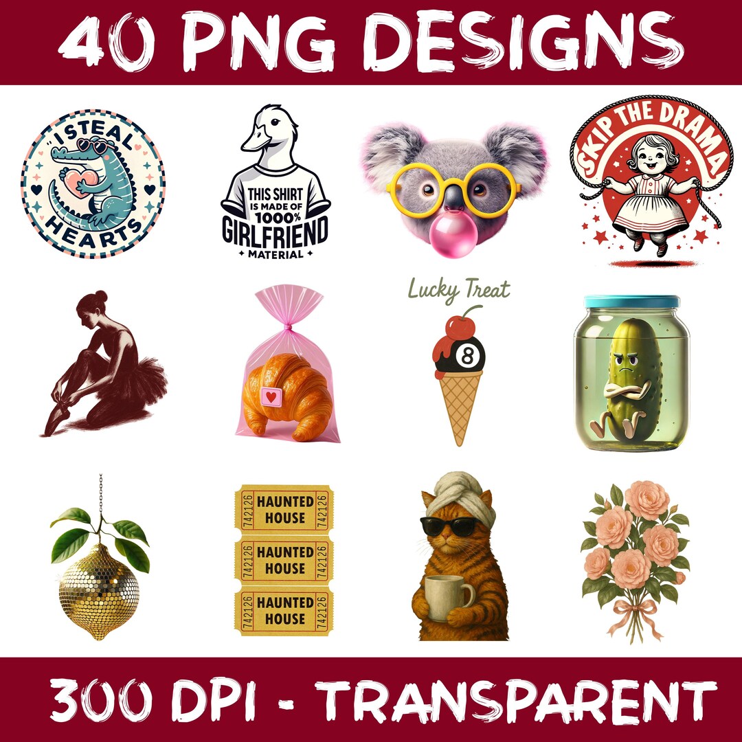 40 PNG Clipart Bundle, Funny Stickers, 300 DPI Transparent Images ...