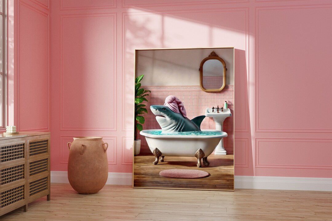 Shark in Tub Print, Great White Shark Art, Pink Bathroom Art Print ...