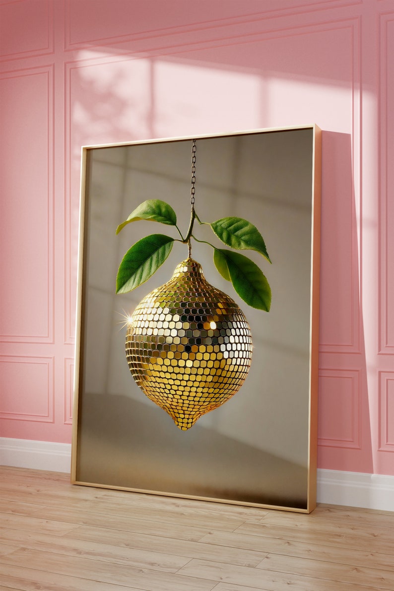 Retro Lemon Disco Mirror Ball Print, Mirror Ball Bar Cart Poster ...