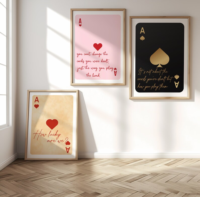 Set of 3 Cards Wall Art, Playing Card Retro Print, Pink Trendy Wall Art ...