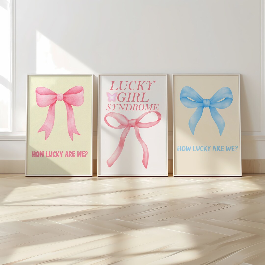 Set of 3 Pink Blue Floral Bow Poster, Trendy Wall Art, Pastel Pink Blue ...