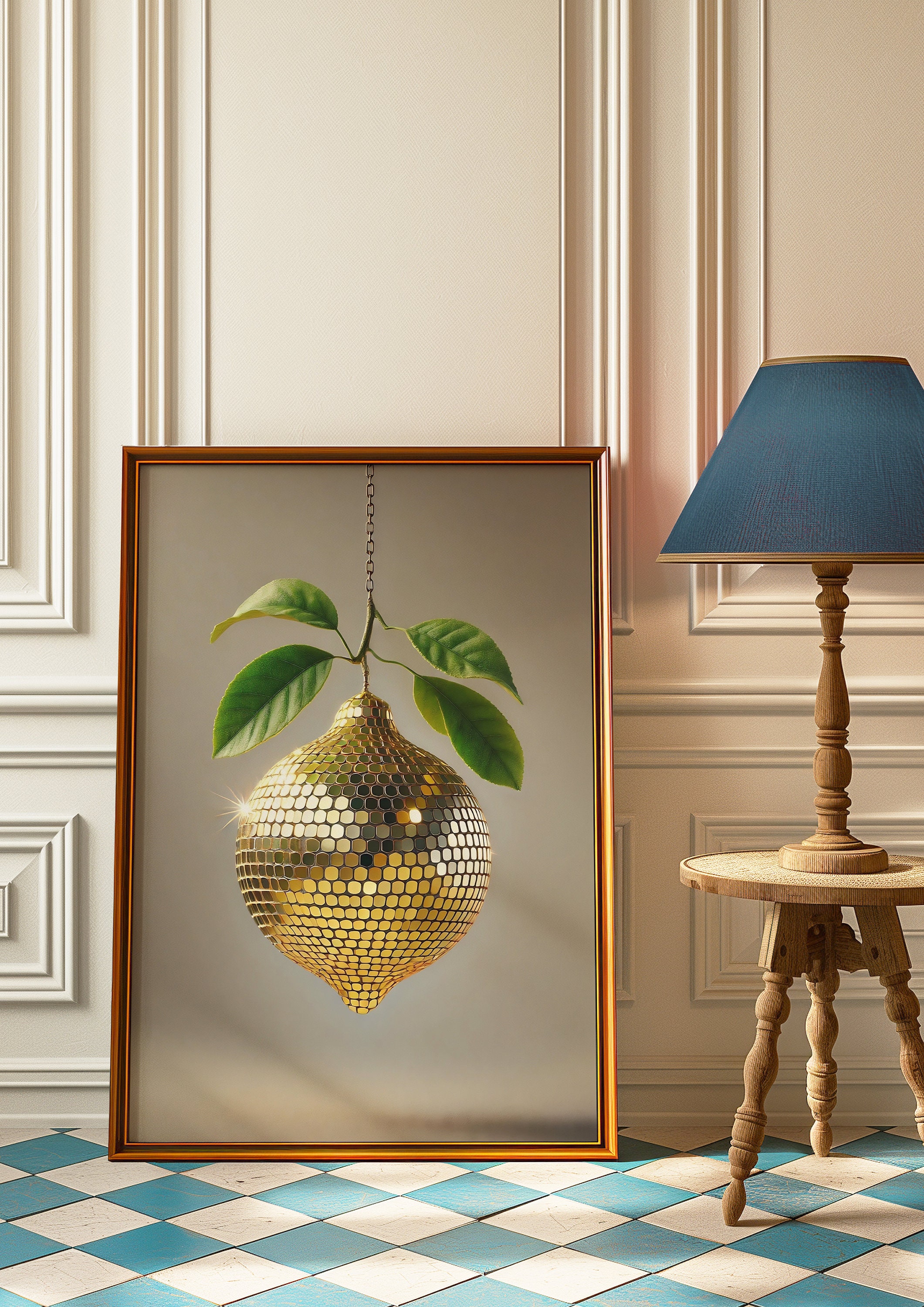 Retro Lemon Disco Mirror Ball Print, Mirror Ball Bar Cart Poster ...