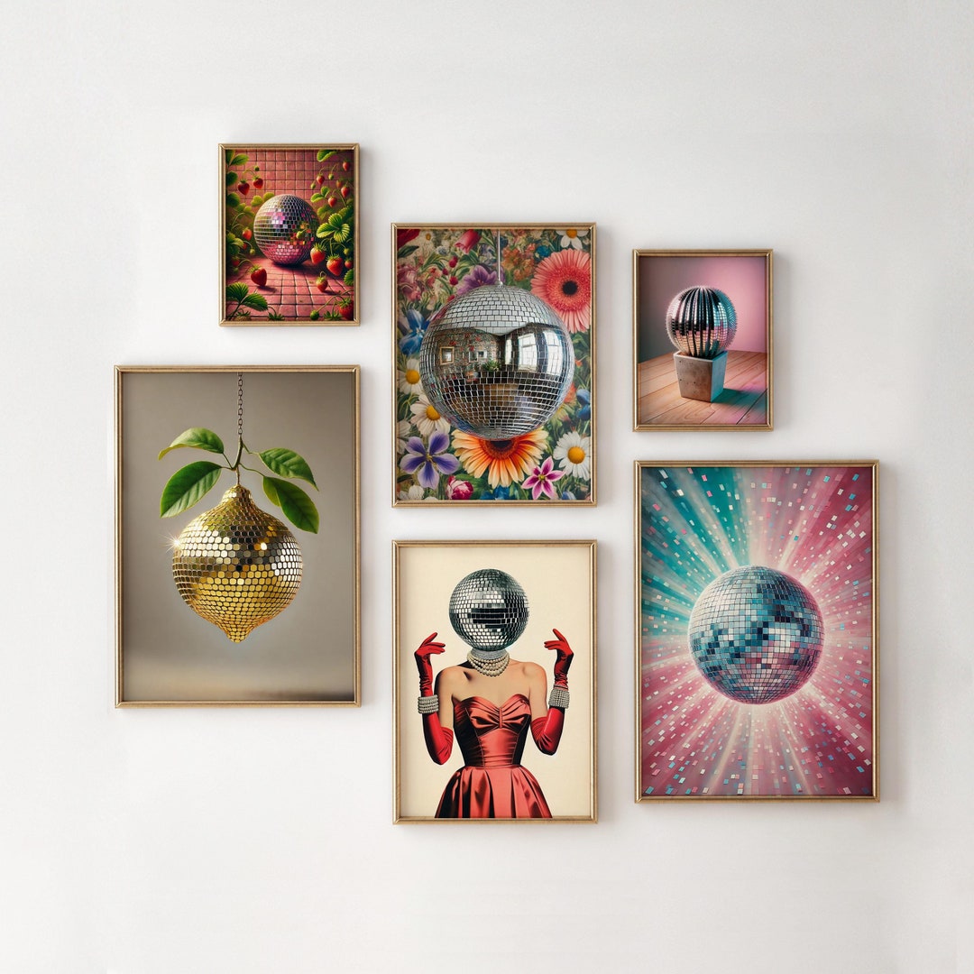 Set of 6 Disco Ball Prints, Preppy Wall Art, Digital Print, Retro Disco ...