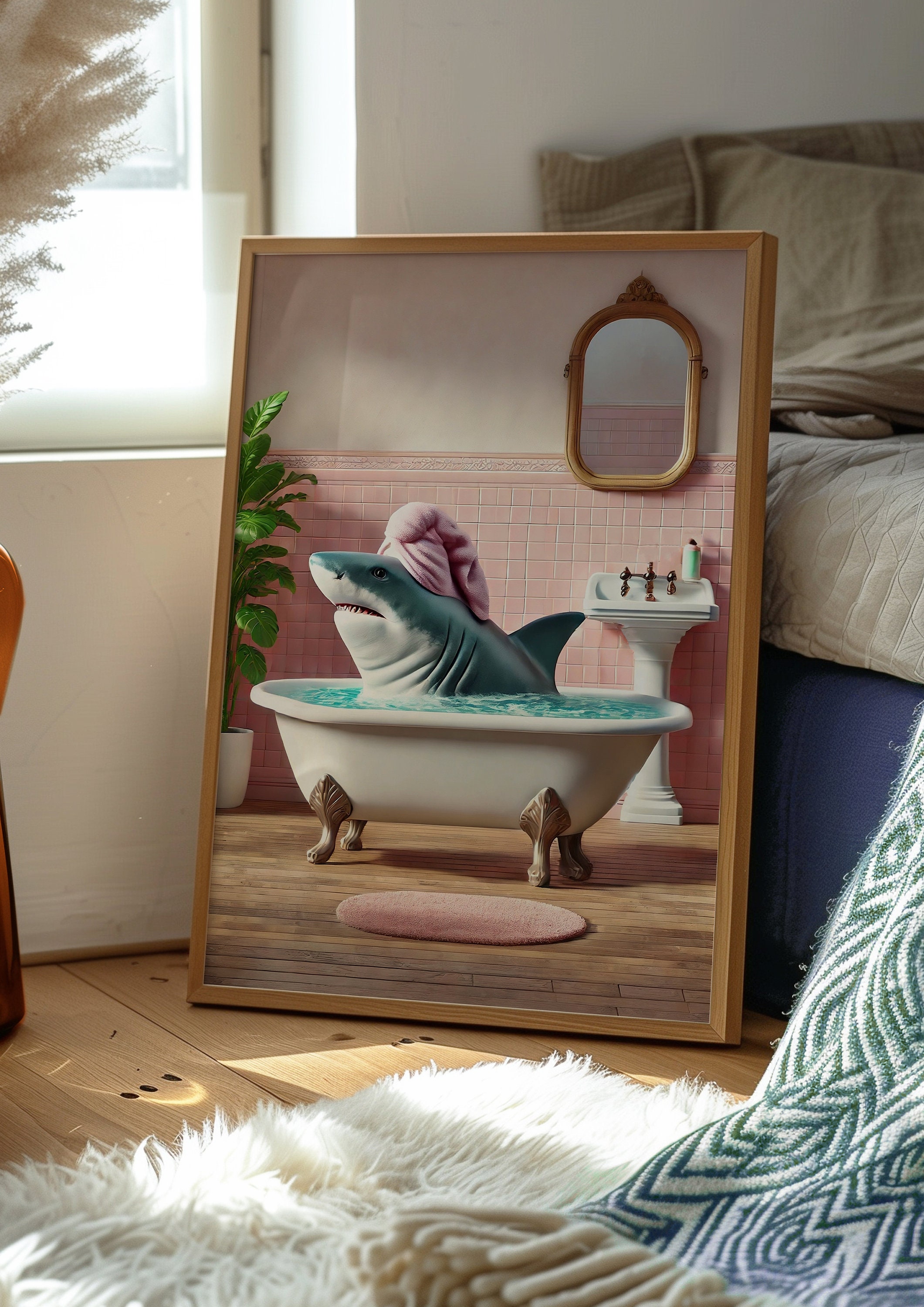 Shark in Tub Print, Great White Shark Art, Pink Bathroom Art Print ...